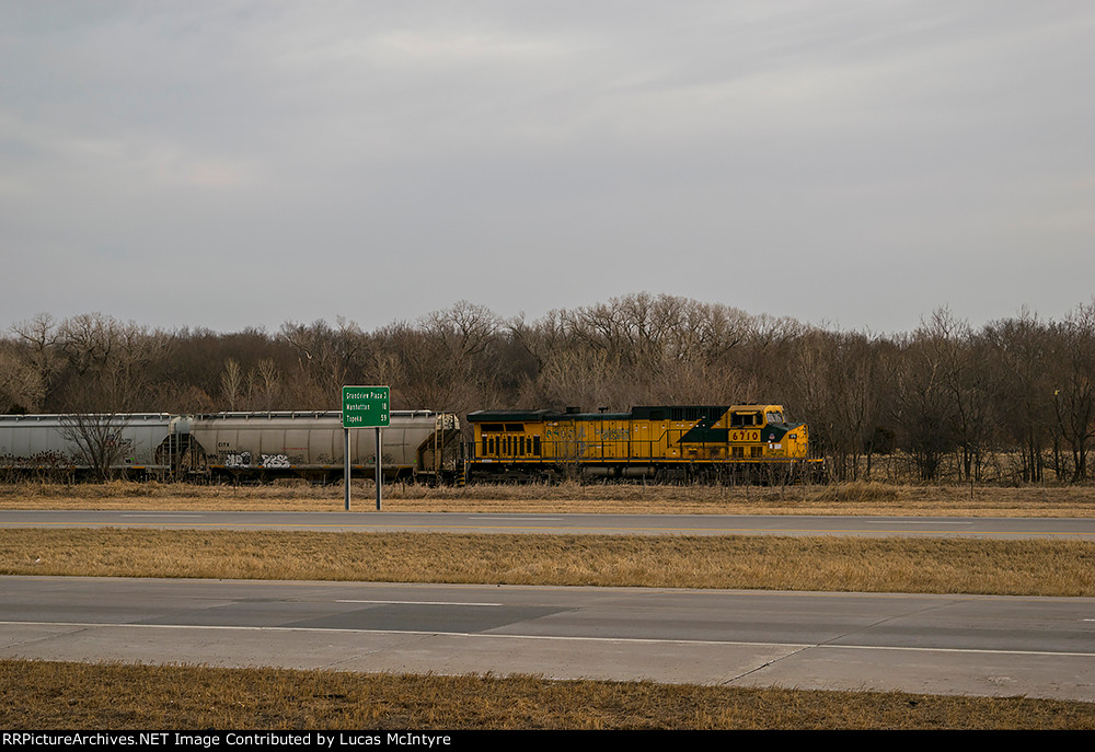 UP 6710 DPU on eastbound UP loaded grain train